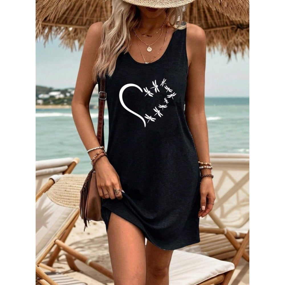 Black Dragonfly Heart Print Womens Sleeveless Tank Dress, Relaxed Fit ...