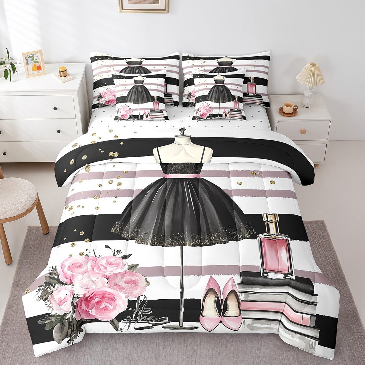 Black Dress Bed in a Bag 7 Piece Full Modern Fashion Bedding Sets ...