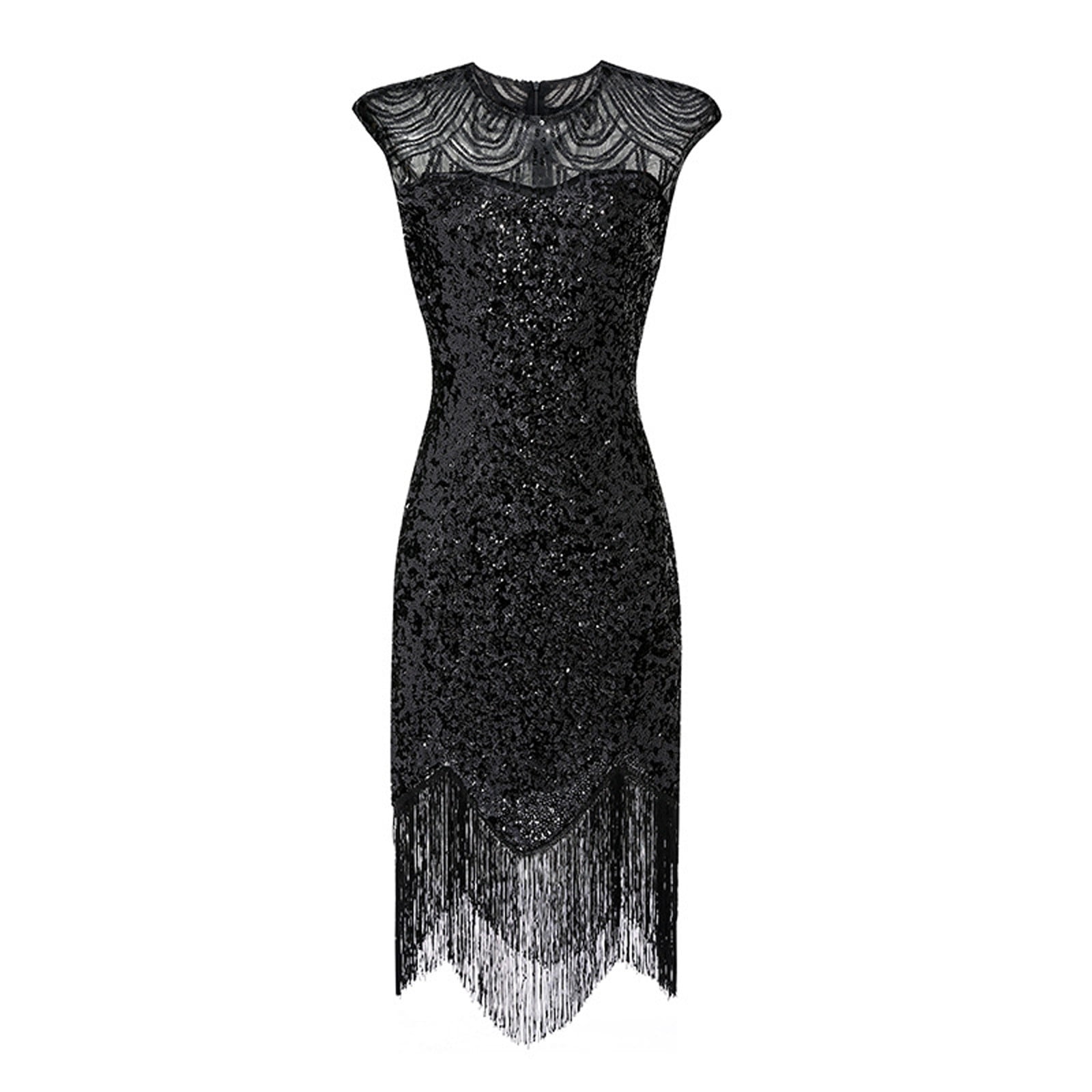 Black Dress Women's Vintage 1920S Sequin Beaded Tassels Party Night Hem ...