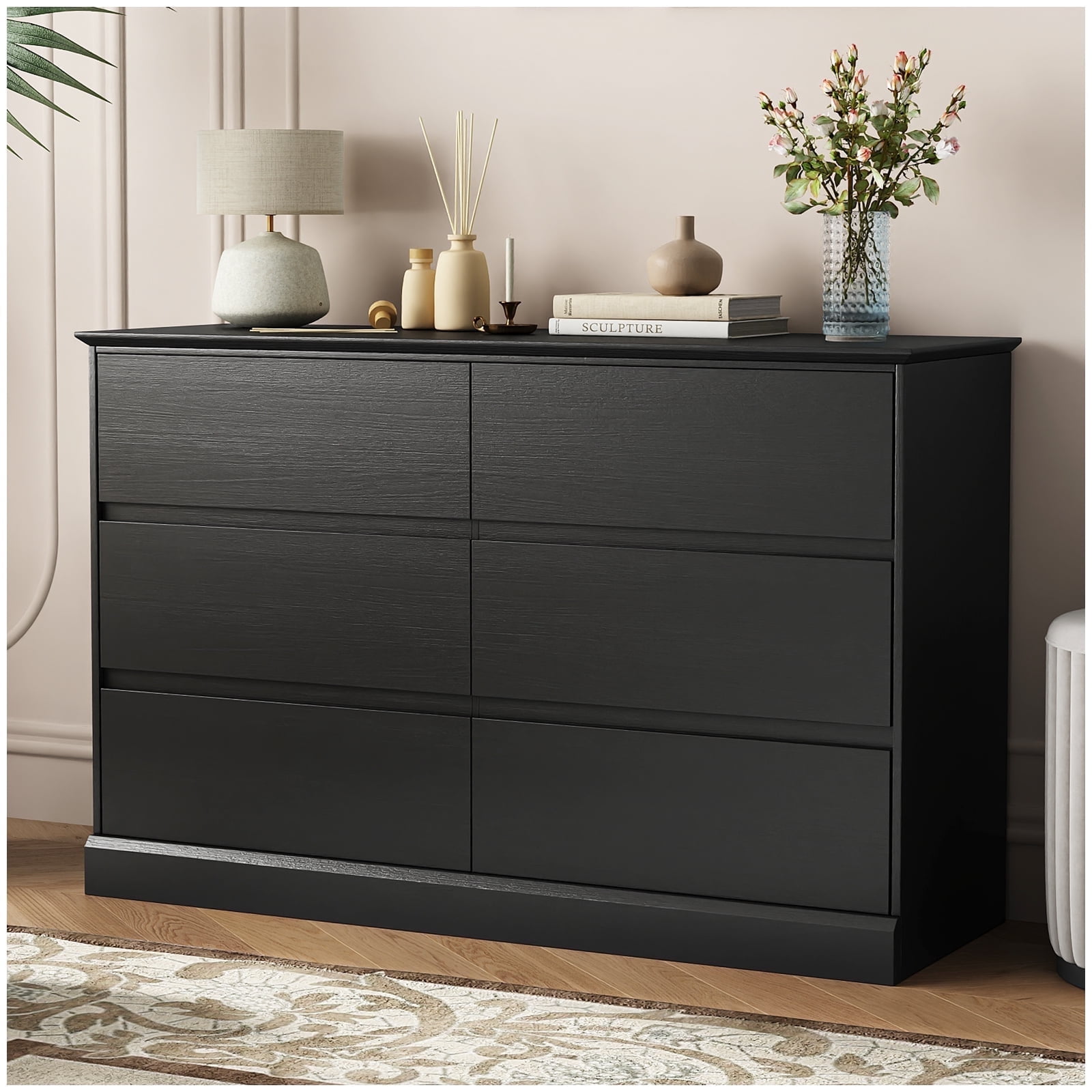Black Dresser 6 Drawer Dresser Chests of Drawers Wood Storage Side ...