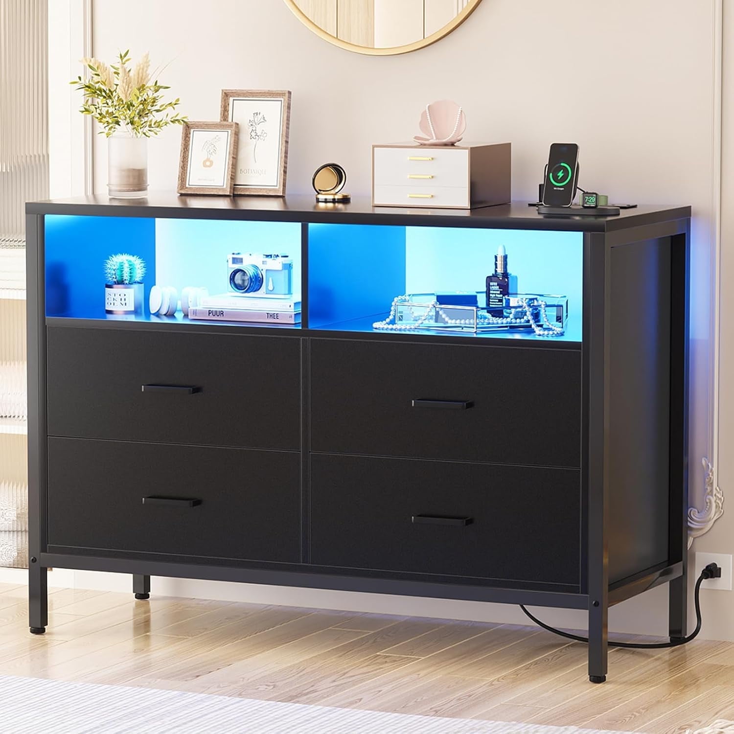 Black Dresser for Bedroom, 4 Drawer Dresser with LED Lights and Power ...