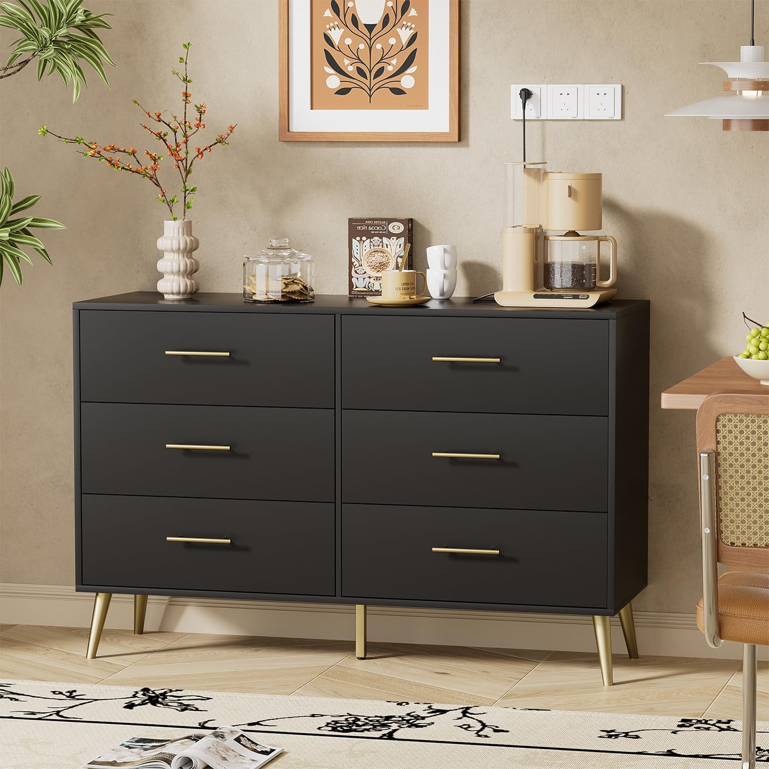 Black Dresser for Bedroom, 6 Drawer Dresser with Wide Drawers and Gold ...
