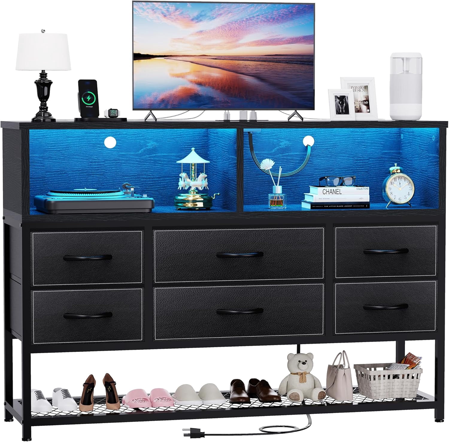 Black Dresser for Bedroom, 6 Drawers Led Dresser TV Stand with Power ...