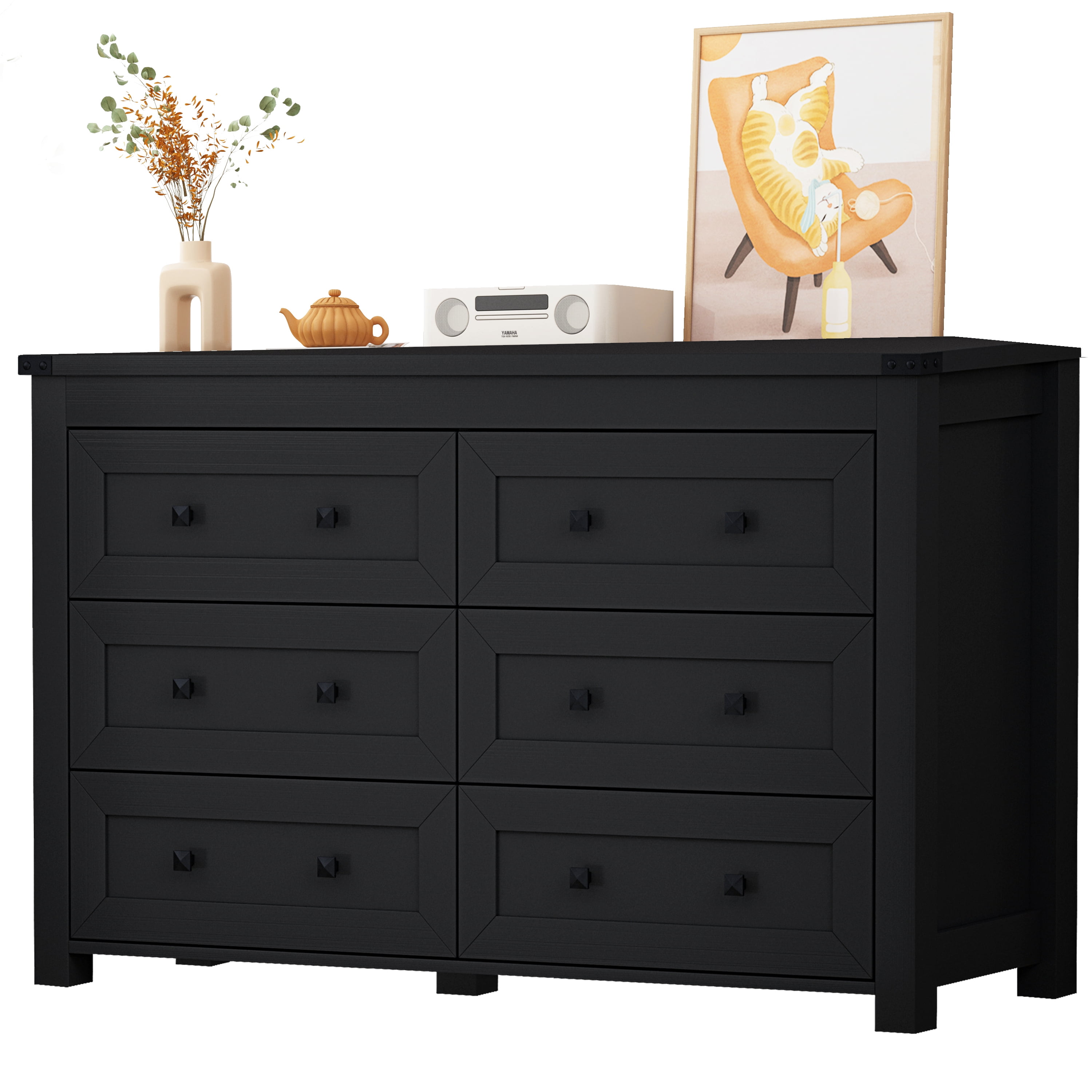 HUANLEGO 6-Drawer Wooden Chest of Drawers with Metal Handles , Black ...