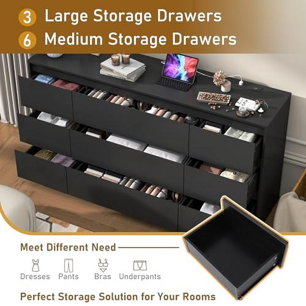 Black Dresser for Bedroom, 63 Inch Long 9 Drawers Dresser with Charging ...
