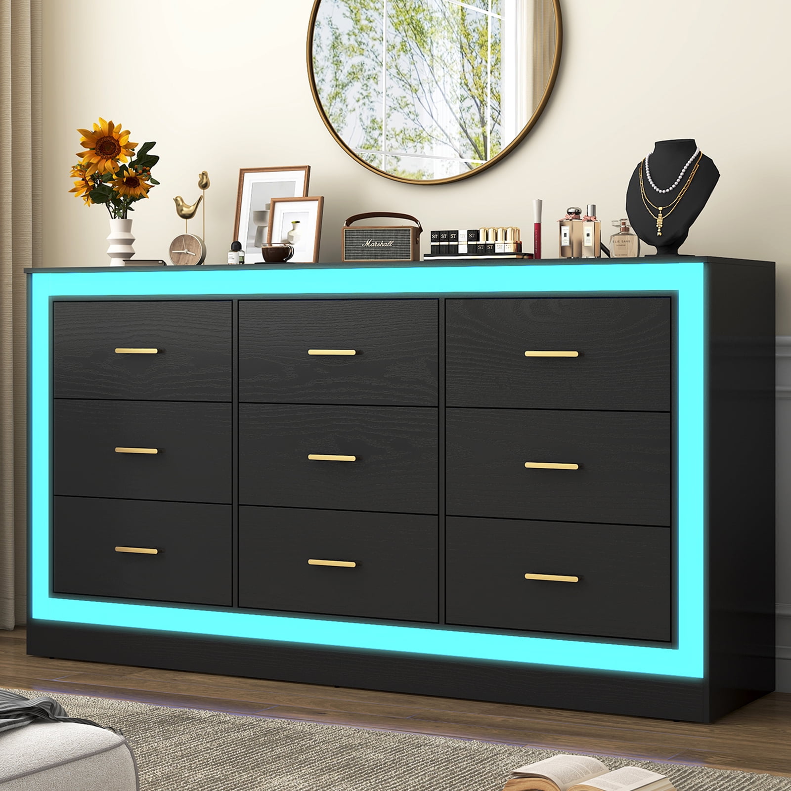 Black Dresser for Bedroom, 63" Wood 9 Drawer Dresser with LED Light ...