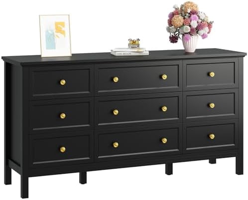 Black Dresser for Bedroom, 9 Drawer Dresser with Wide Drawers and Gold ...