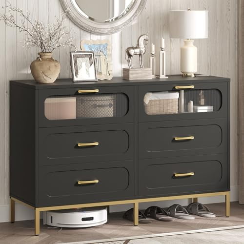 Black Dresser for Bedroom with Charging Station, 6 Drawers, Modern ...
