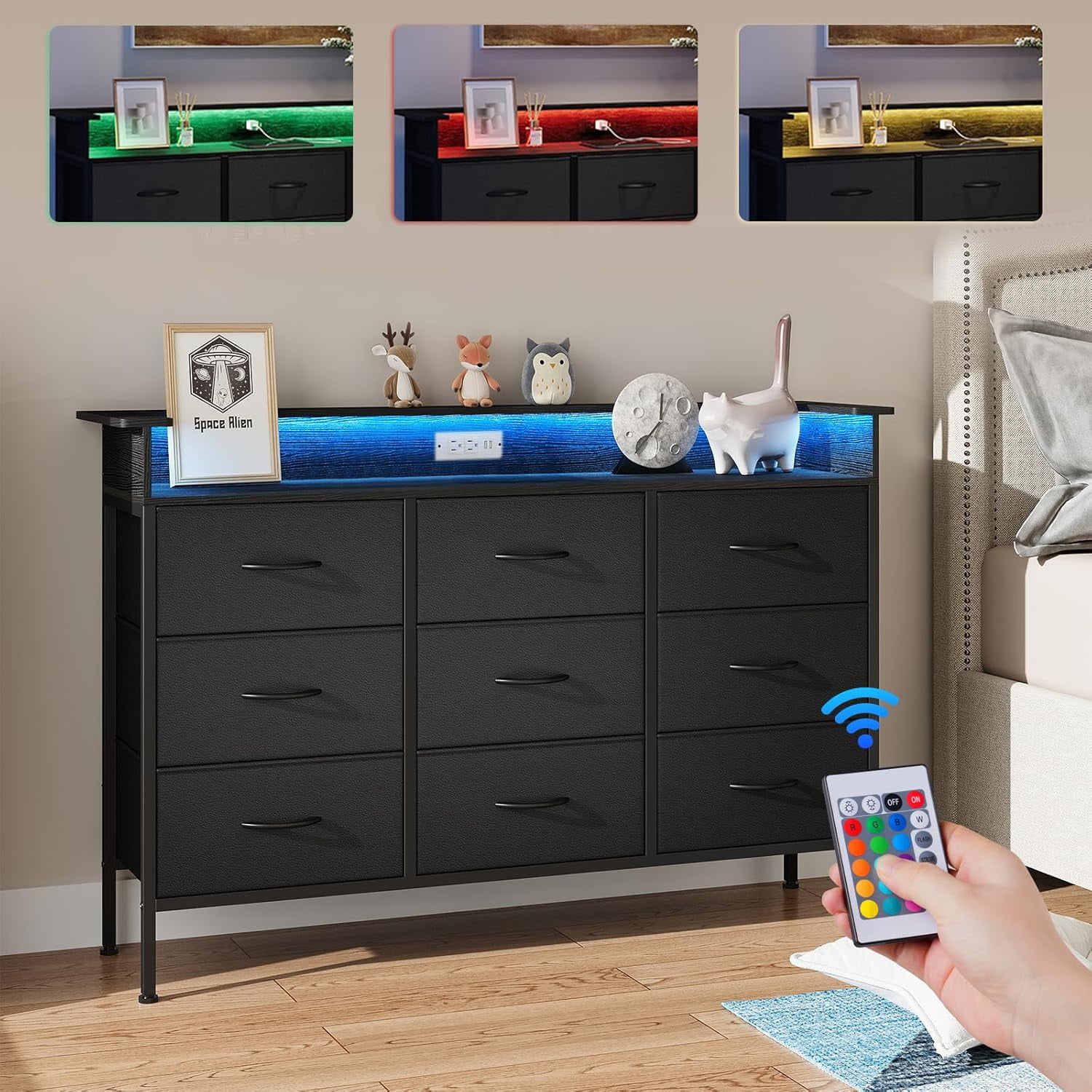 Black Dresser for Bedroom with LED Light & Charging Station, 9 PU ...