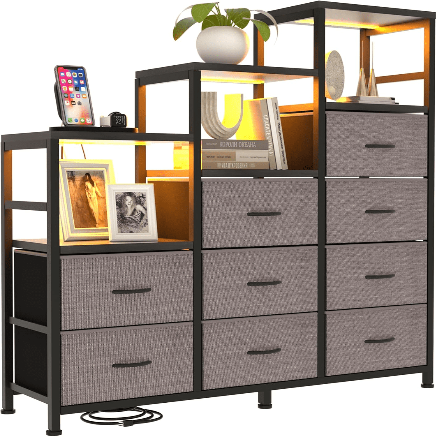 Black Dresser for Bedroom with LED Lights 9 Drawers Dresser with ...