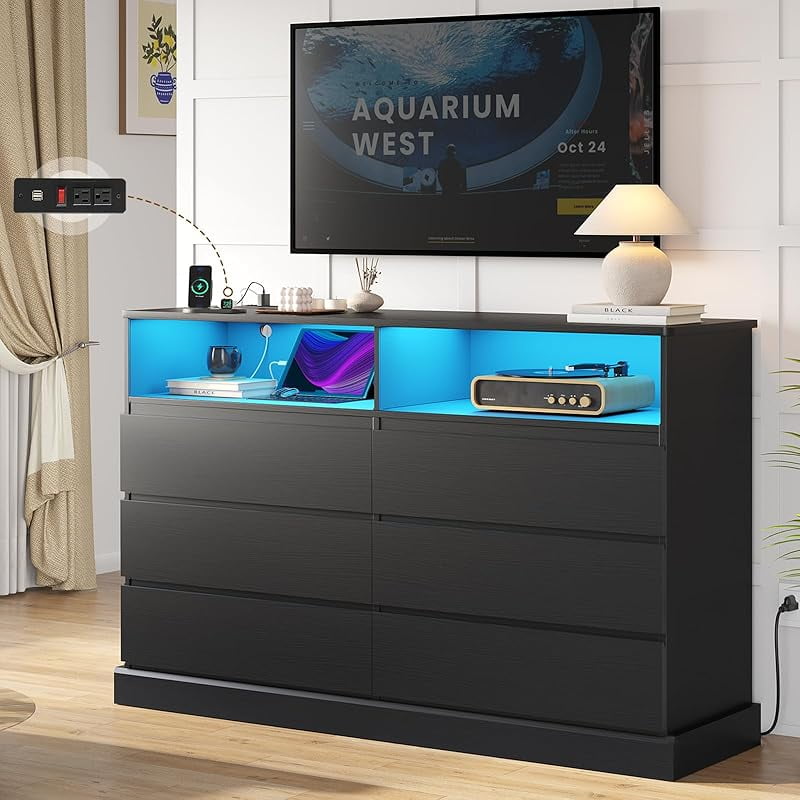 Black Dresser for Bedroom with LED Lights and Charging Station, 51.2 ...