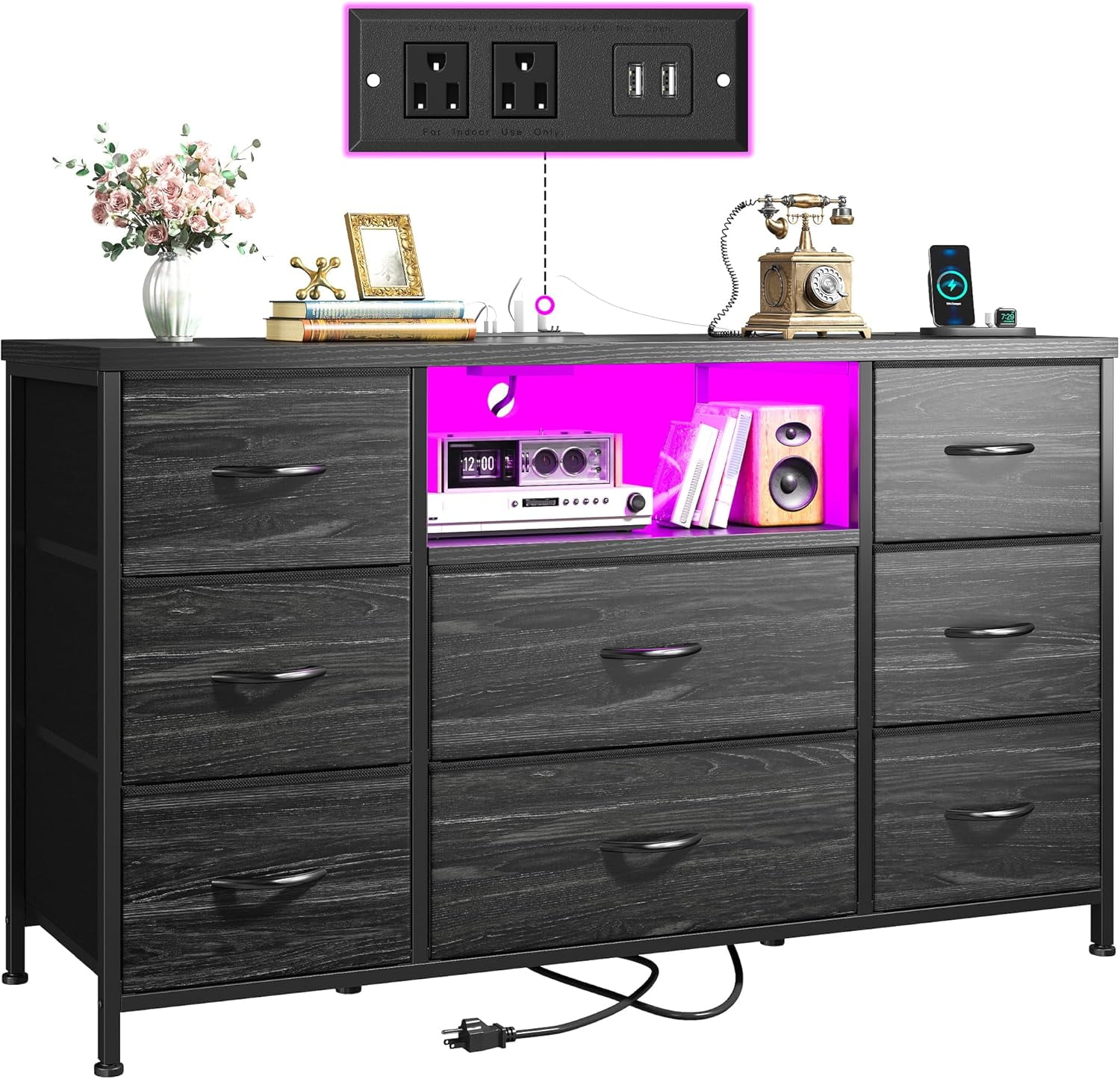 Black Dresser for Bedroom with LED Lights & Power Outlets, Dresser with ...