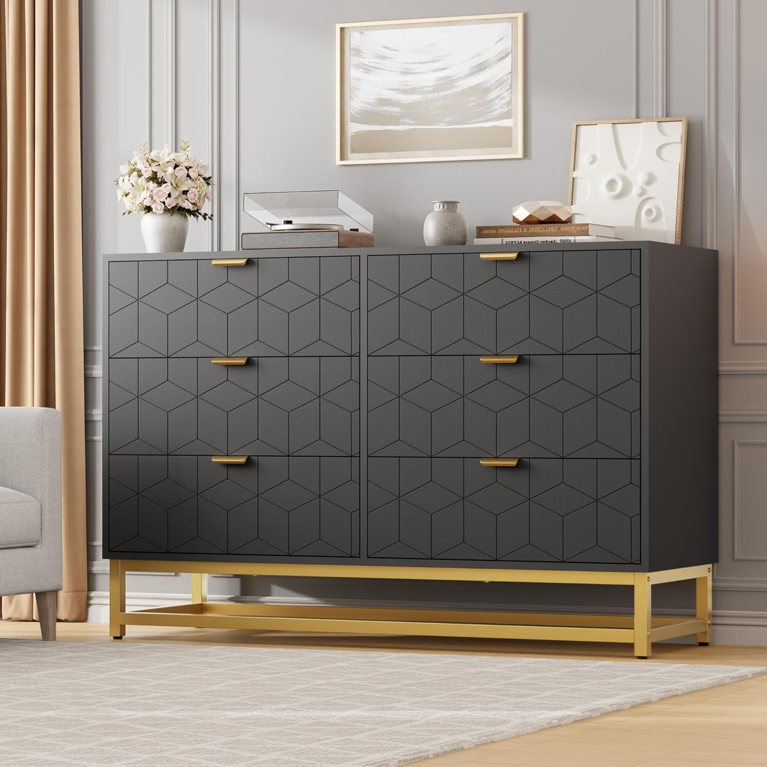 Black Dresser for Bedroom, Modern 6 Drawer Double Dresser with Gold ...