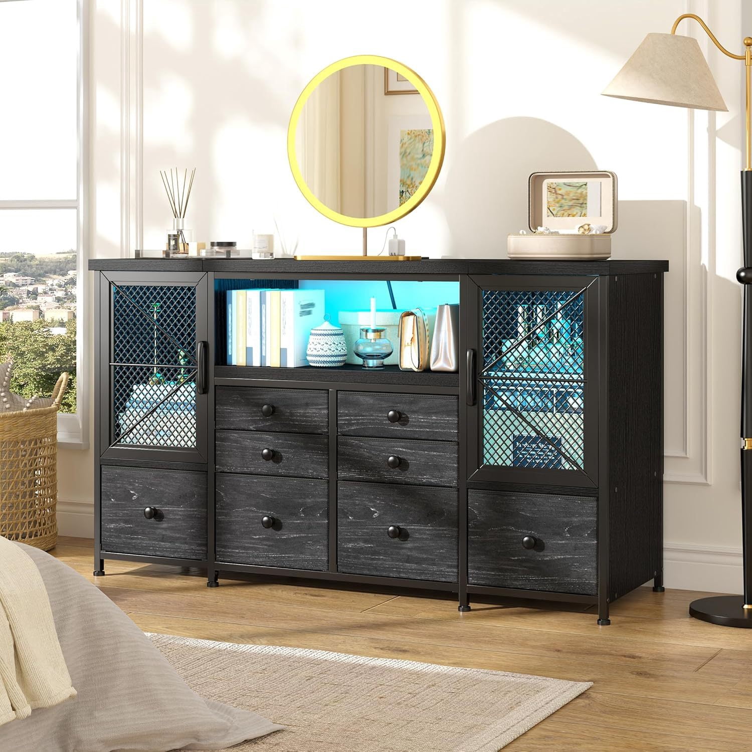 Black Dresser for Bedroom with Power Outlets & LED Lights,49.2" W ...