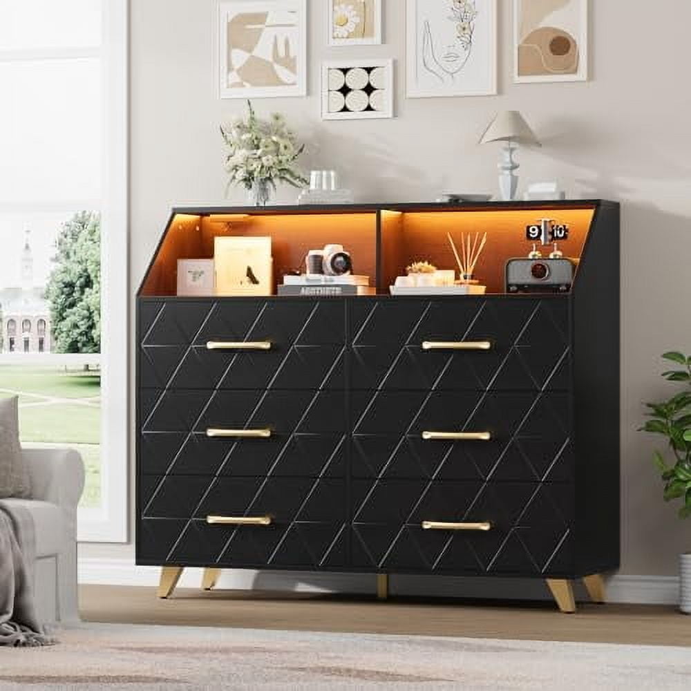 Black Dresser with Charging Station, LED TV Stand Dresser with 6 ...