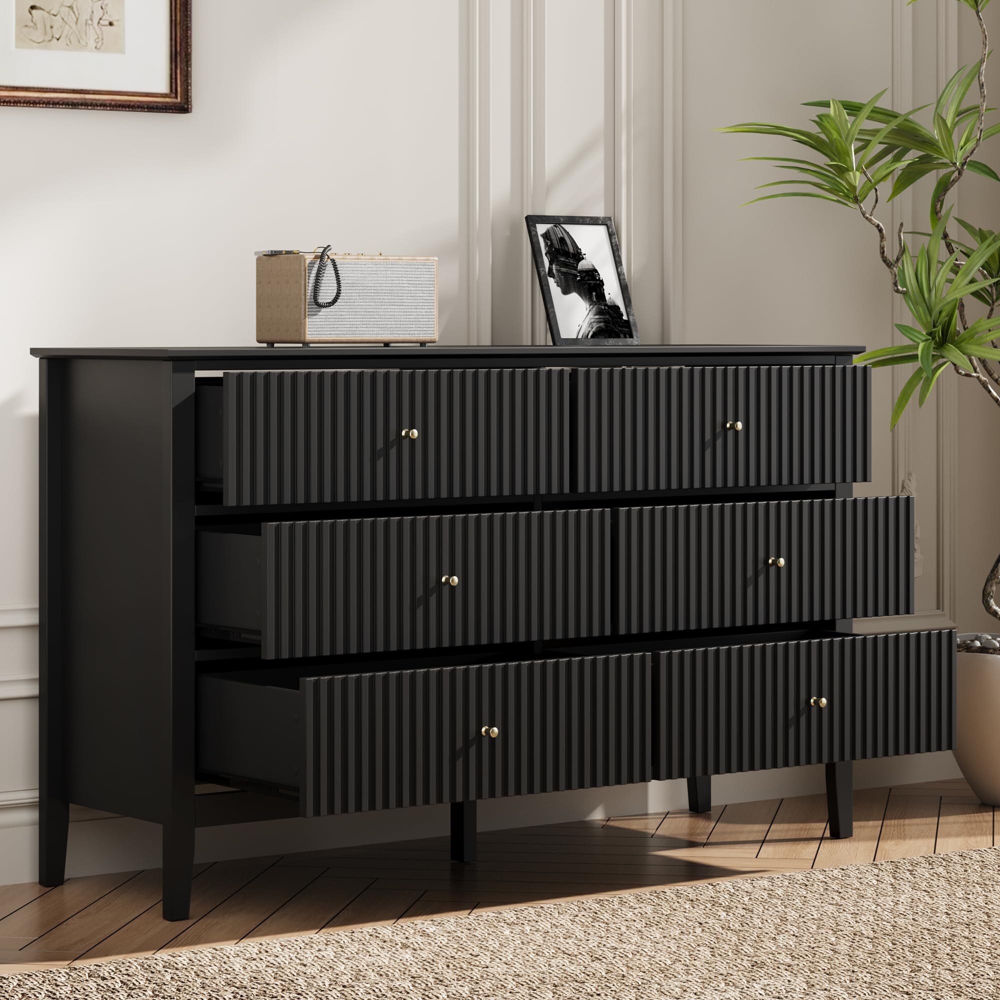 Black Dresser Fluted 6 Drawer Dresser Wide Modern Chest of Drawers ...