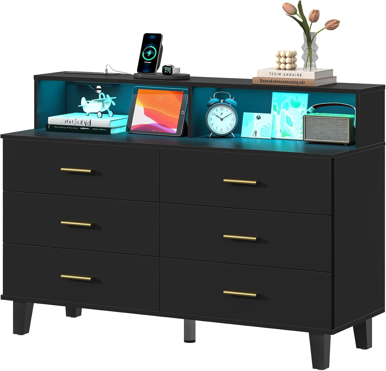 Black Dresser with LED Lights, 6 Drawer Dresser with Power Outlet for ...