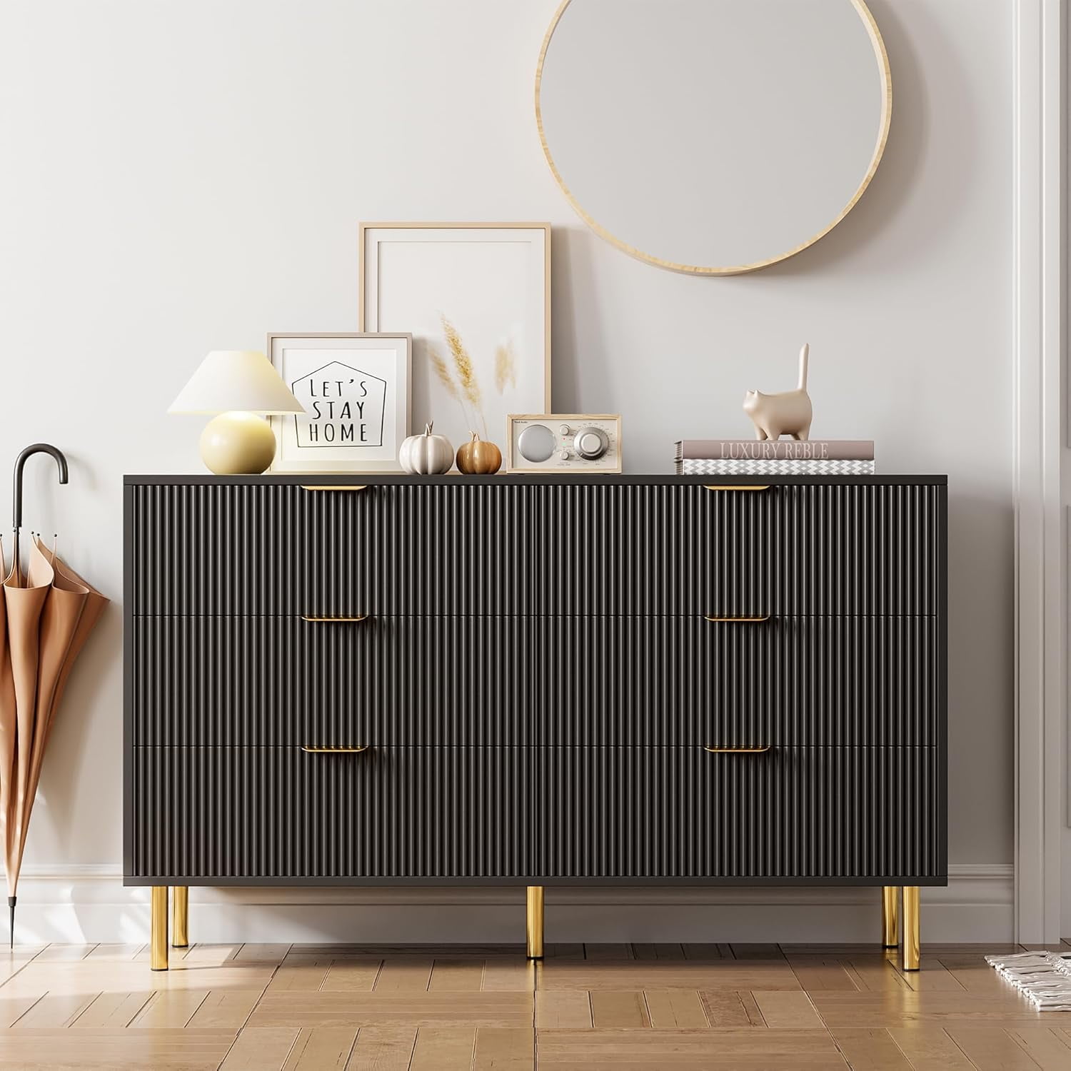 Black Dresser, Modern 6 Drawer Dresser for Bedroom with Gold Handle and ...
