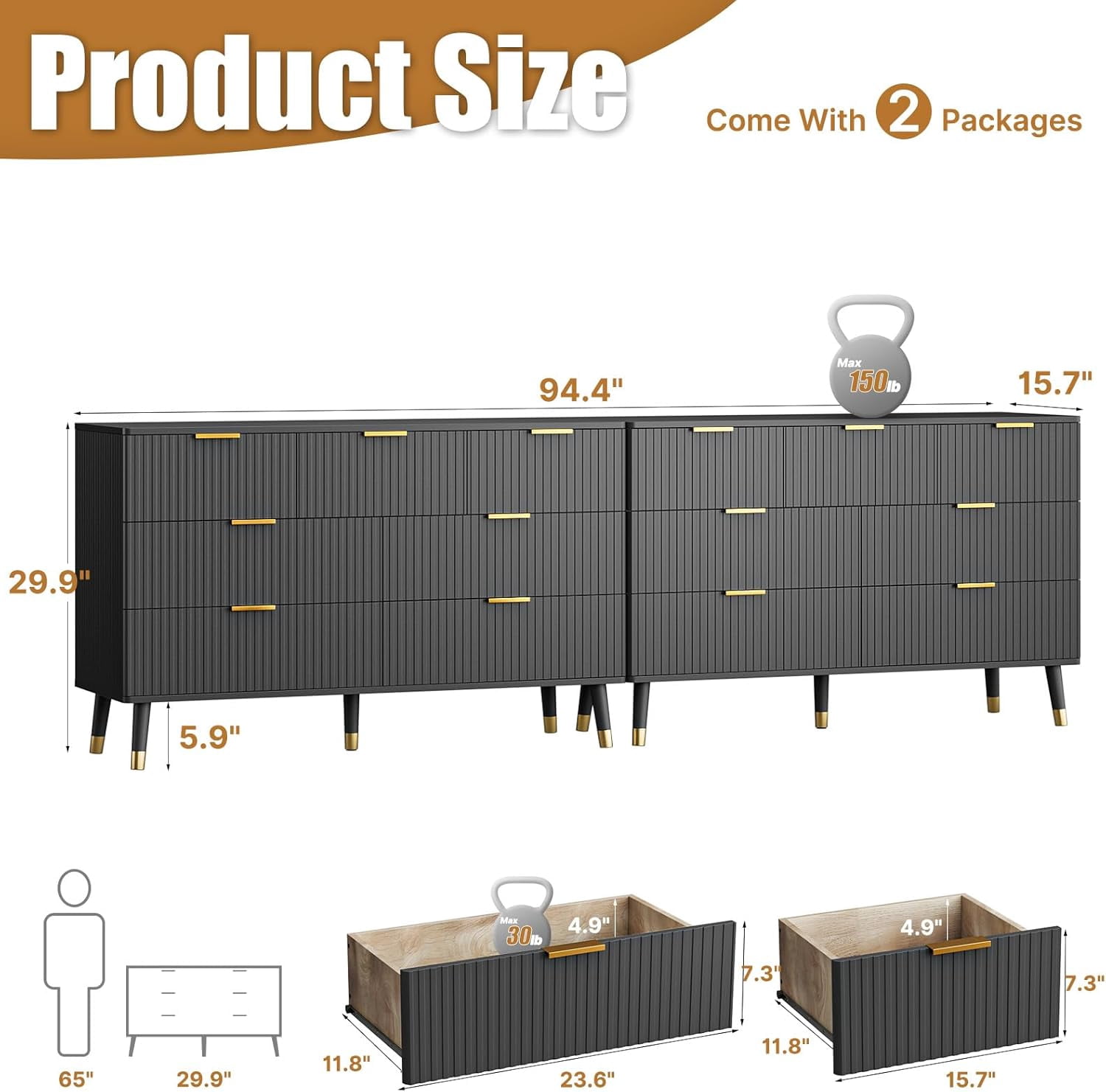 Black Dresser Set of 2, 14 Drawers Fluted Black and Gold Dressers with ...
