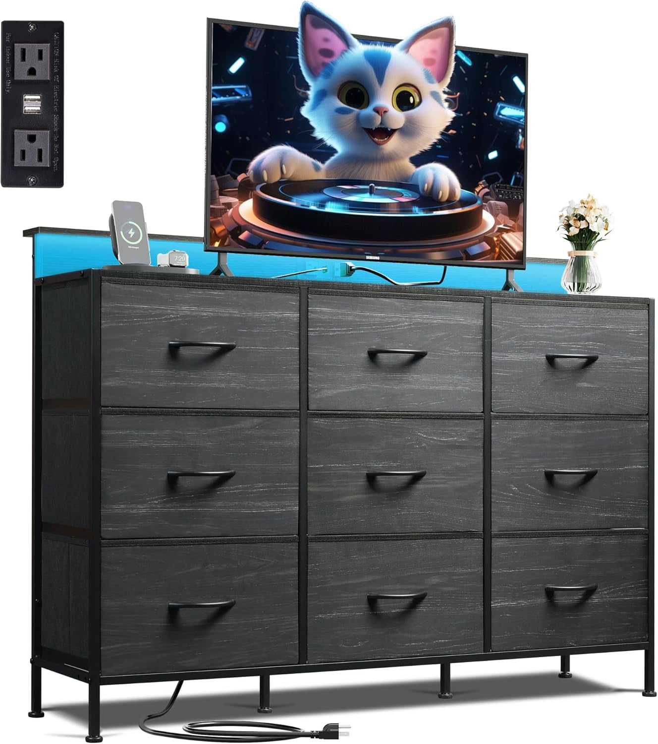 Black Dresser TV Stand for 50, 55 inch, Led Dresser for Bedroom, Chest ...