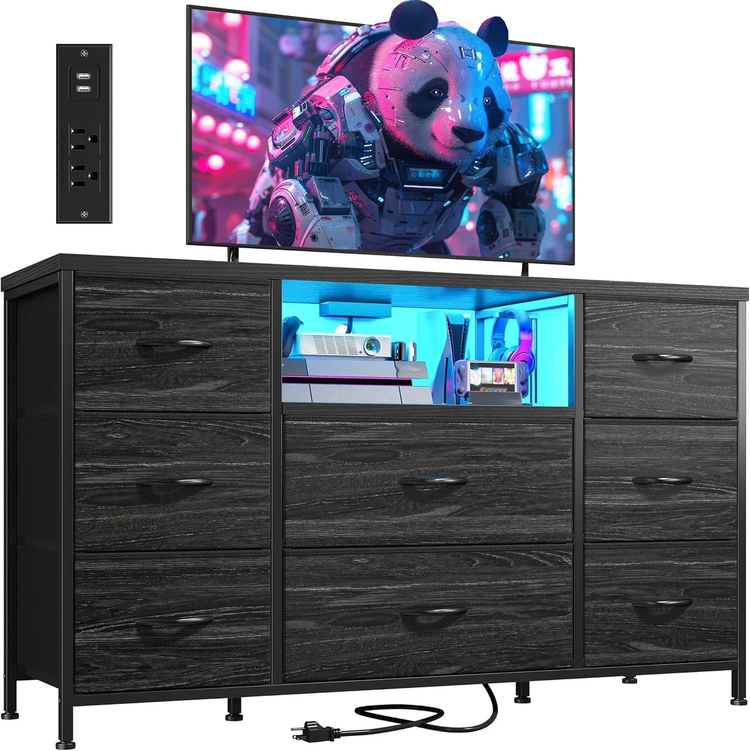 Black Dresser TV Stand for Bedroom with 8 Fabric Drawer,Entertainment ...
