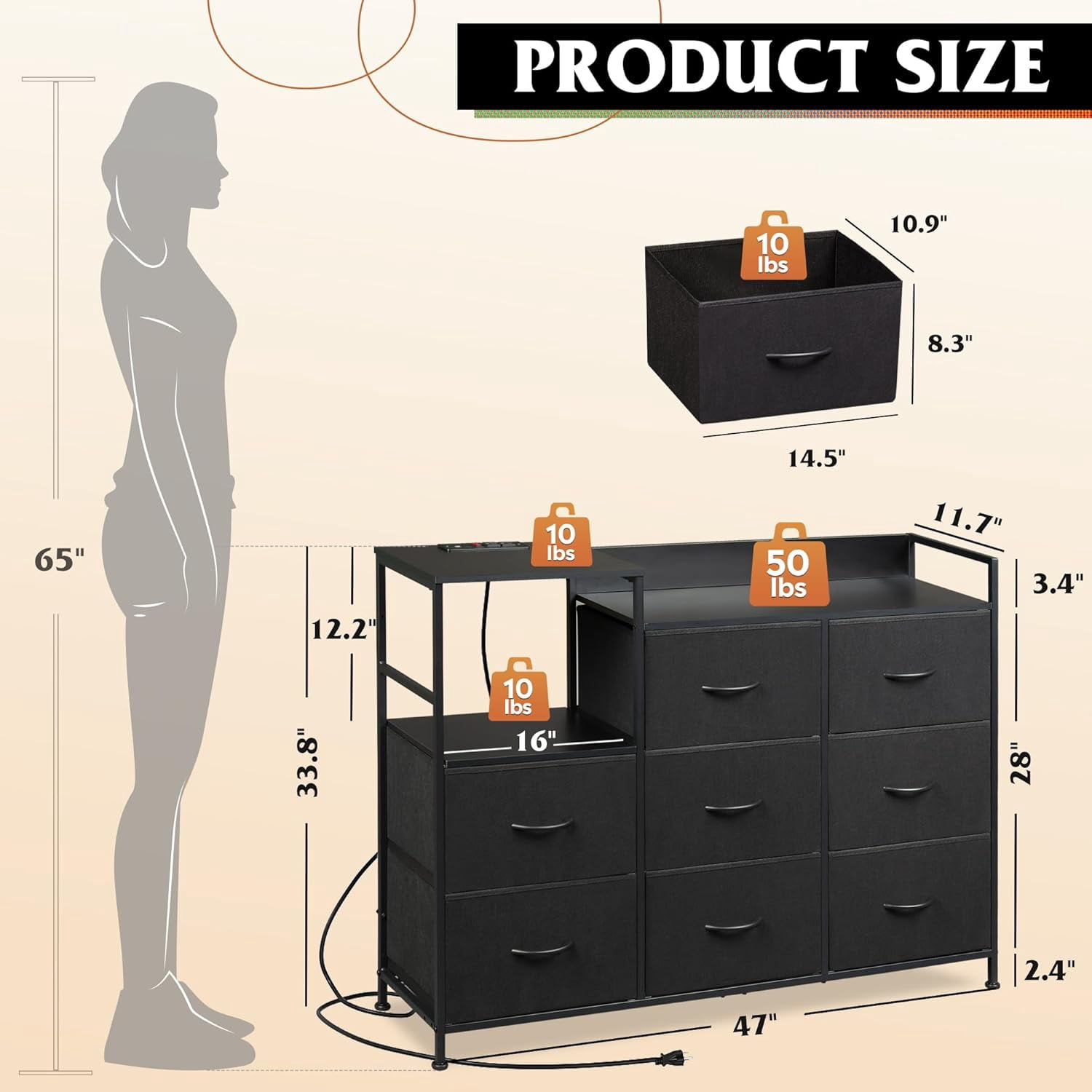 Black Dresser TV Stand for Bedroom with Charging Station and Open ...