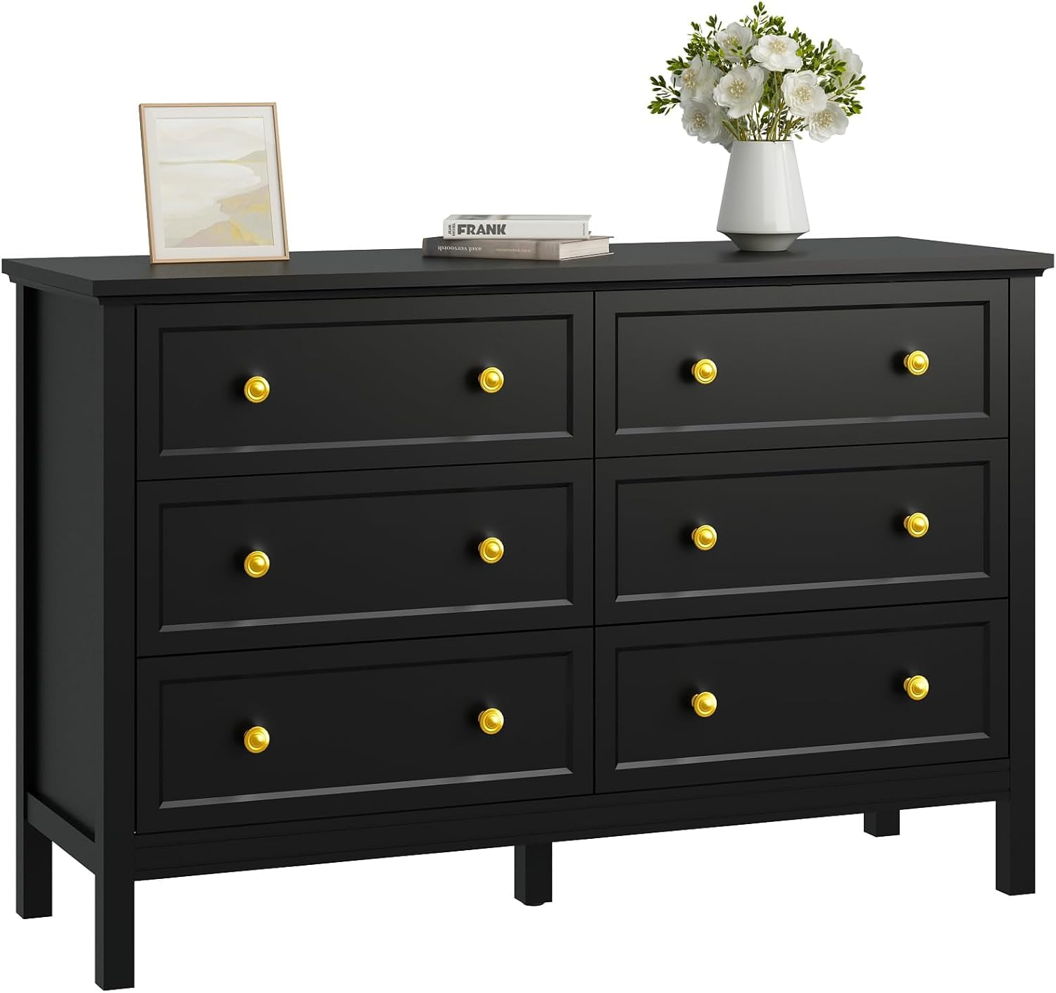Black Dresser for Bedroom, 6 Drawer Dresser with Wide Drawer and Metal ...