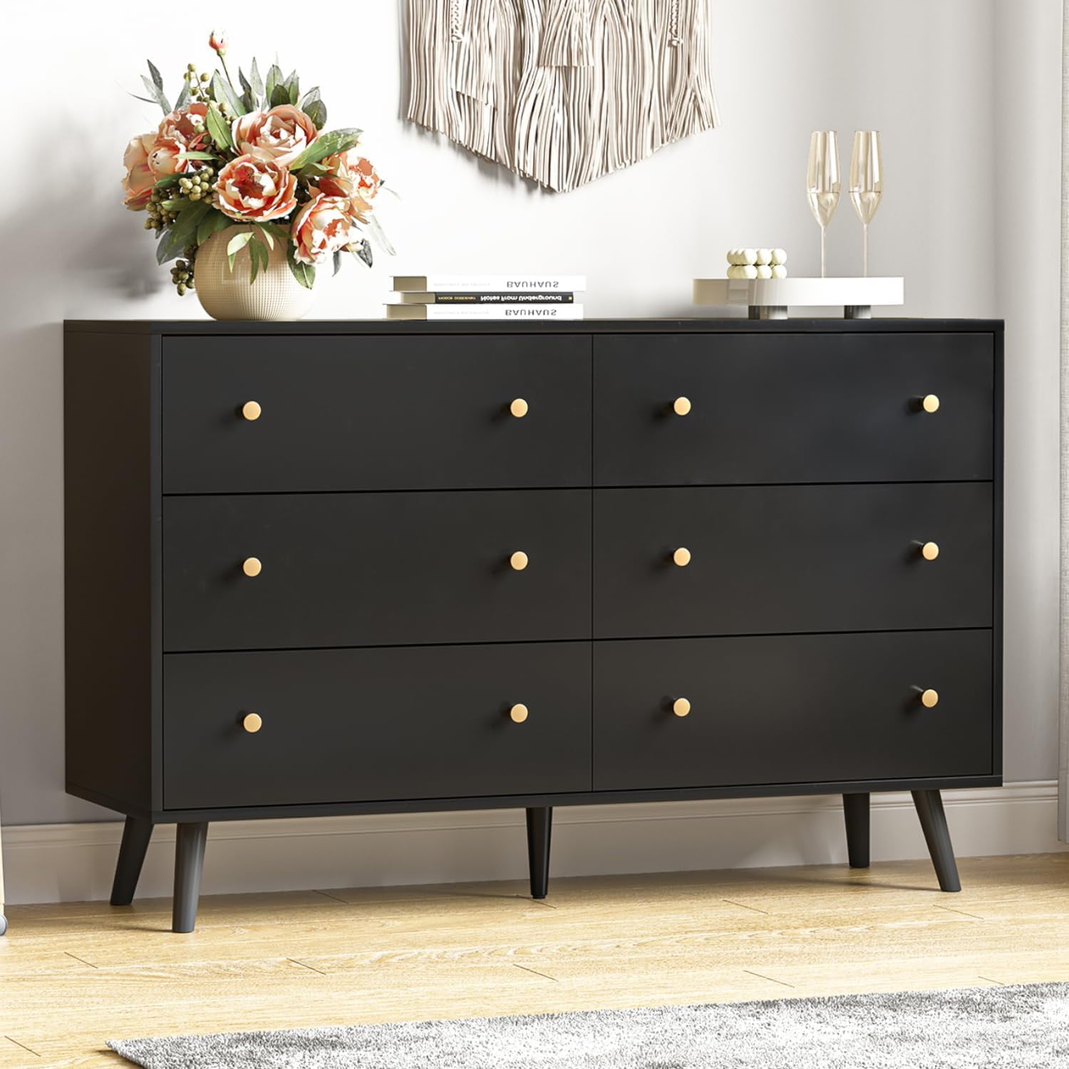 Black Dresser for Bedroom, Modern 6 Drawer Double Dressers with Gold ...