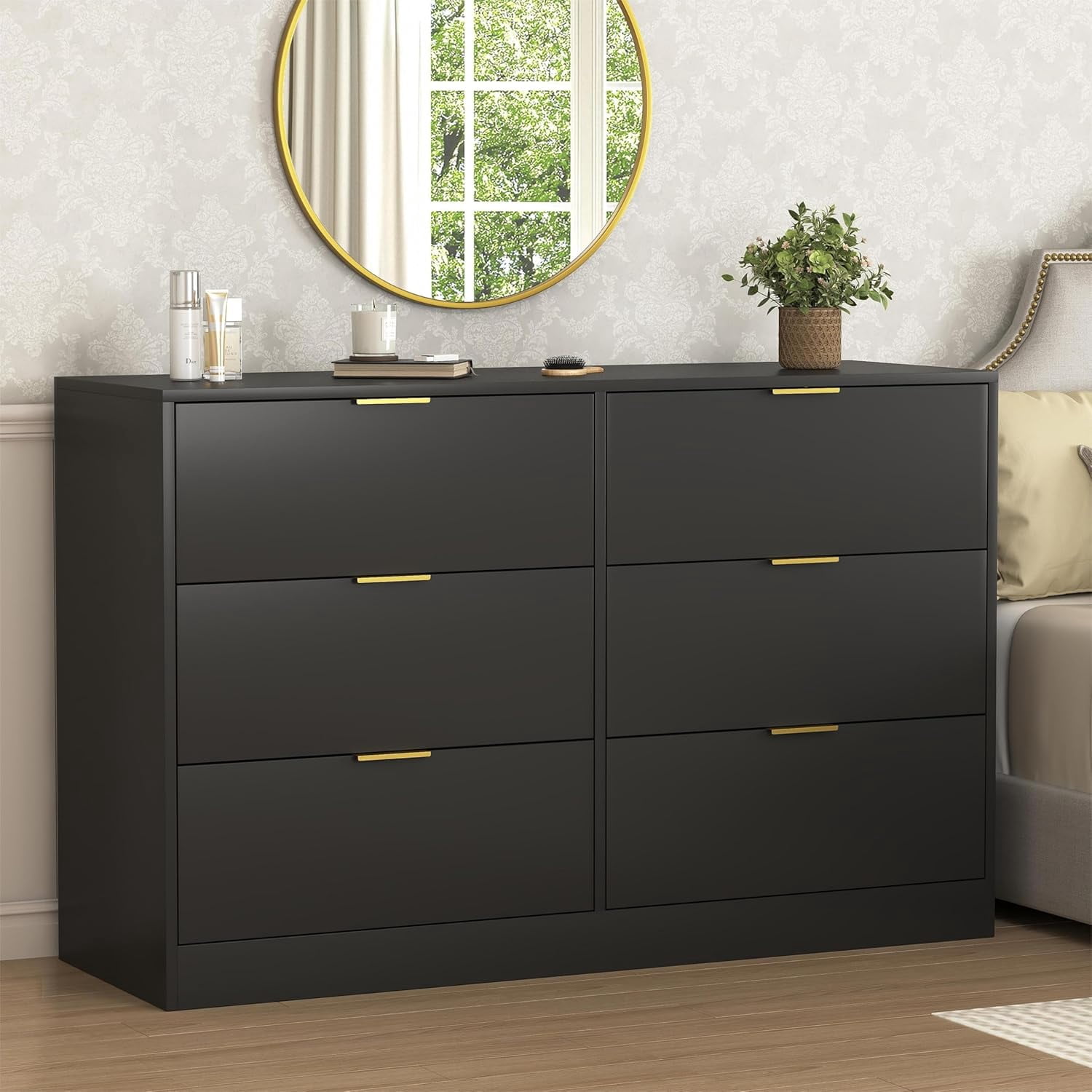 Black Dresser for Bedroom,Modern Large 6 Deep Drawer Dresser with Gold ...