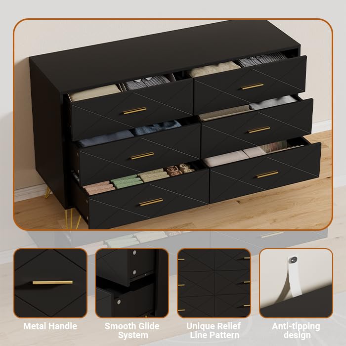 Black Dresser for Bedroom, Wood 6 Drawer Double Dresser with Wide ...
