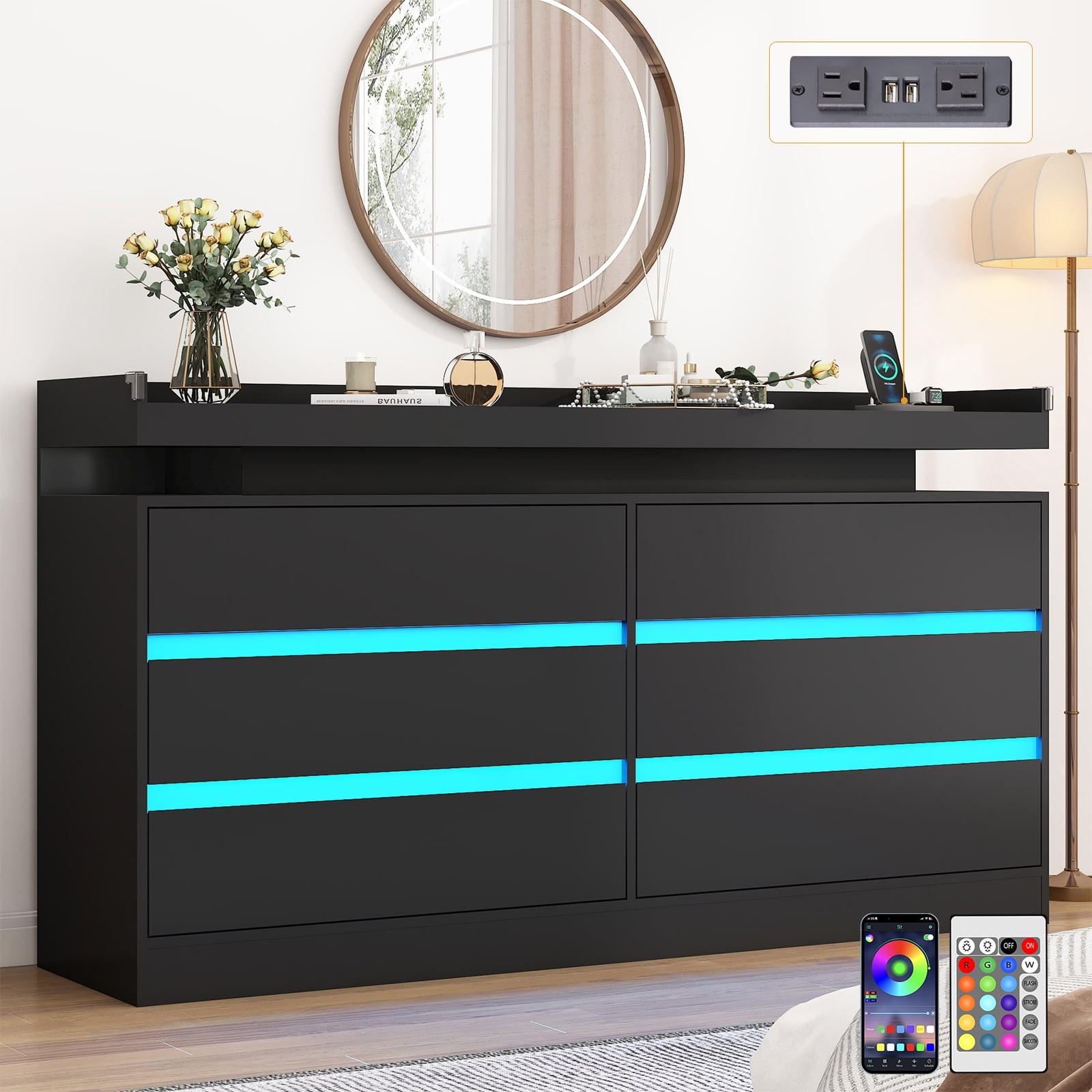 Black Dresser for Bedroom with LED Lights and charging station, 63 ...
