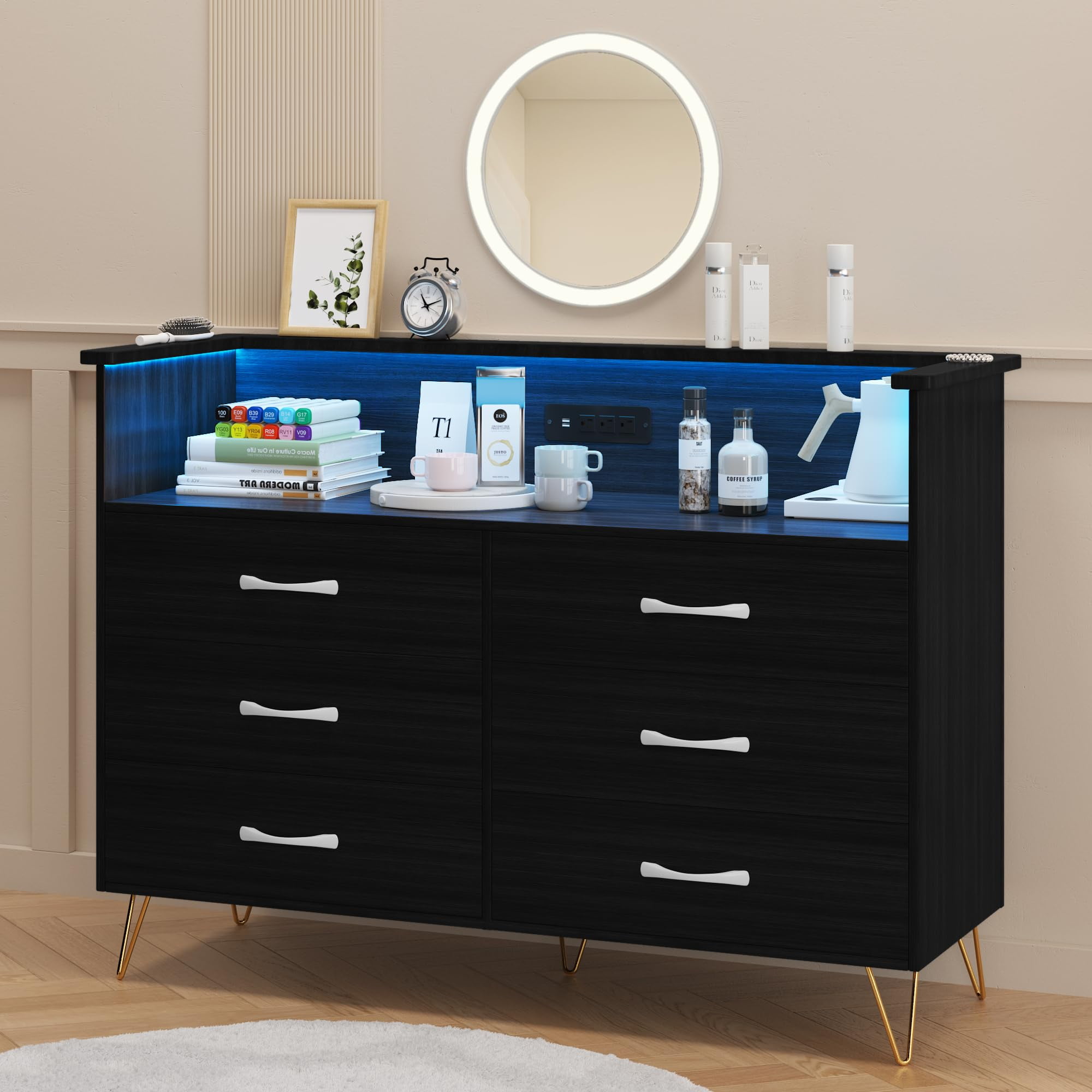 Black Dresser with 6 Wide Drawers,Modern Wood Dresser with LED Light ...