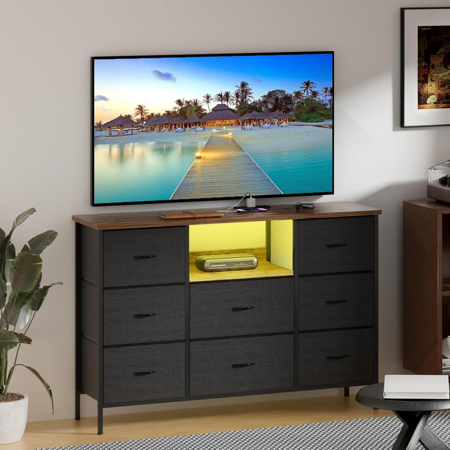 Black Dresser with LED Lights & Power Outlets, Dresser TV Stand with 8 ...