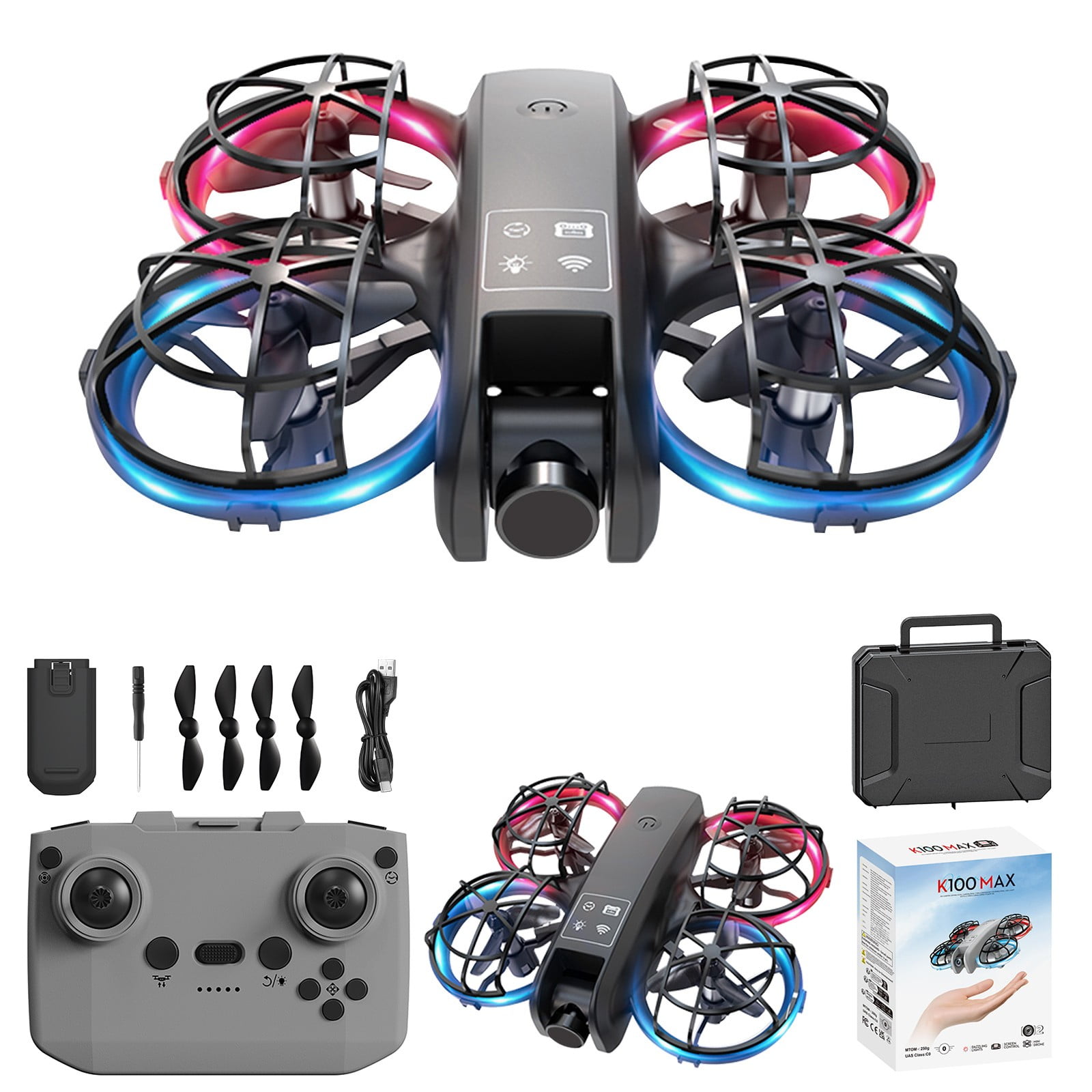 Black Drone With Cool Red Blue Led Lights Remote Control Toys Altitude ...