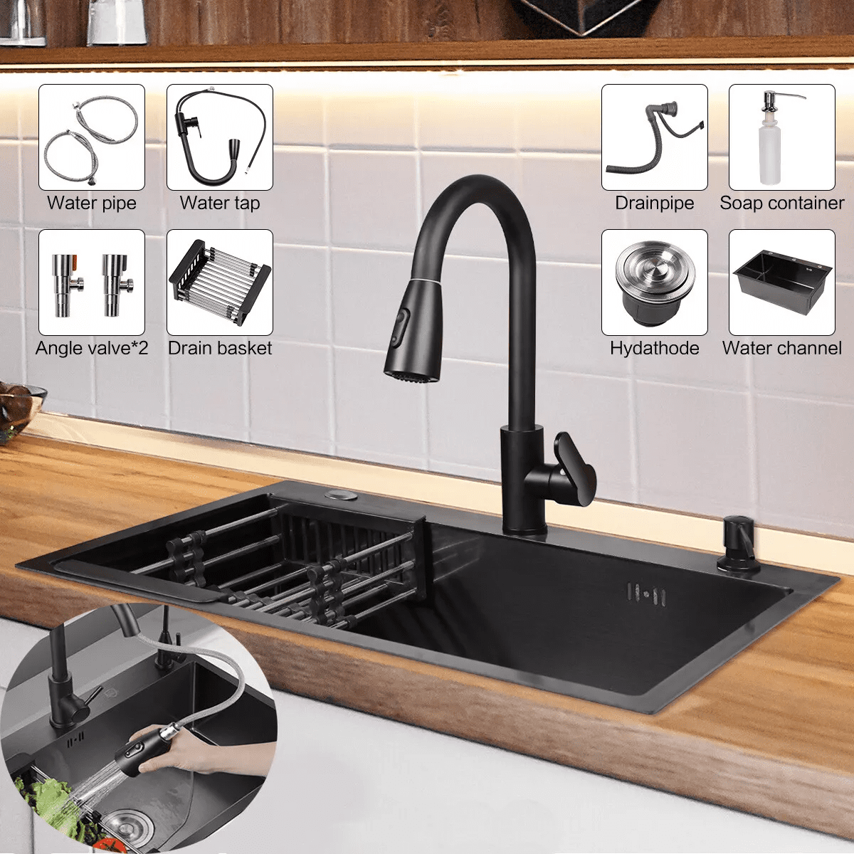 Black Drop in Kitchen Sink, 26x18 Inch Stainless Steel Single Bowl ...