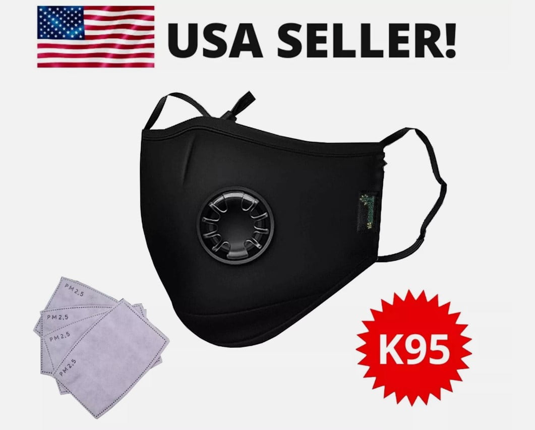 Black Reusable Cloth Dust Mask with 4 Air Filters and Respirator Valve ...