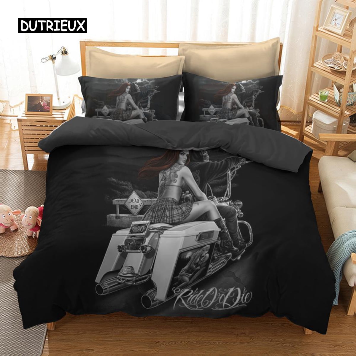 Black Duvet Cover Human Skeleton Bedding Set Horror Skull Motorcycle ...