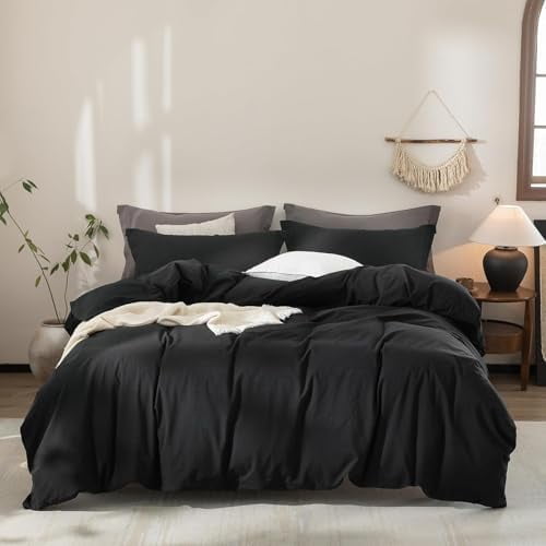Black Duvet Cover Twin Size 100% Washed Cotton Bedding Set Cover One ...