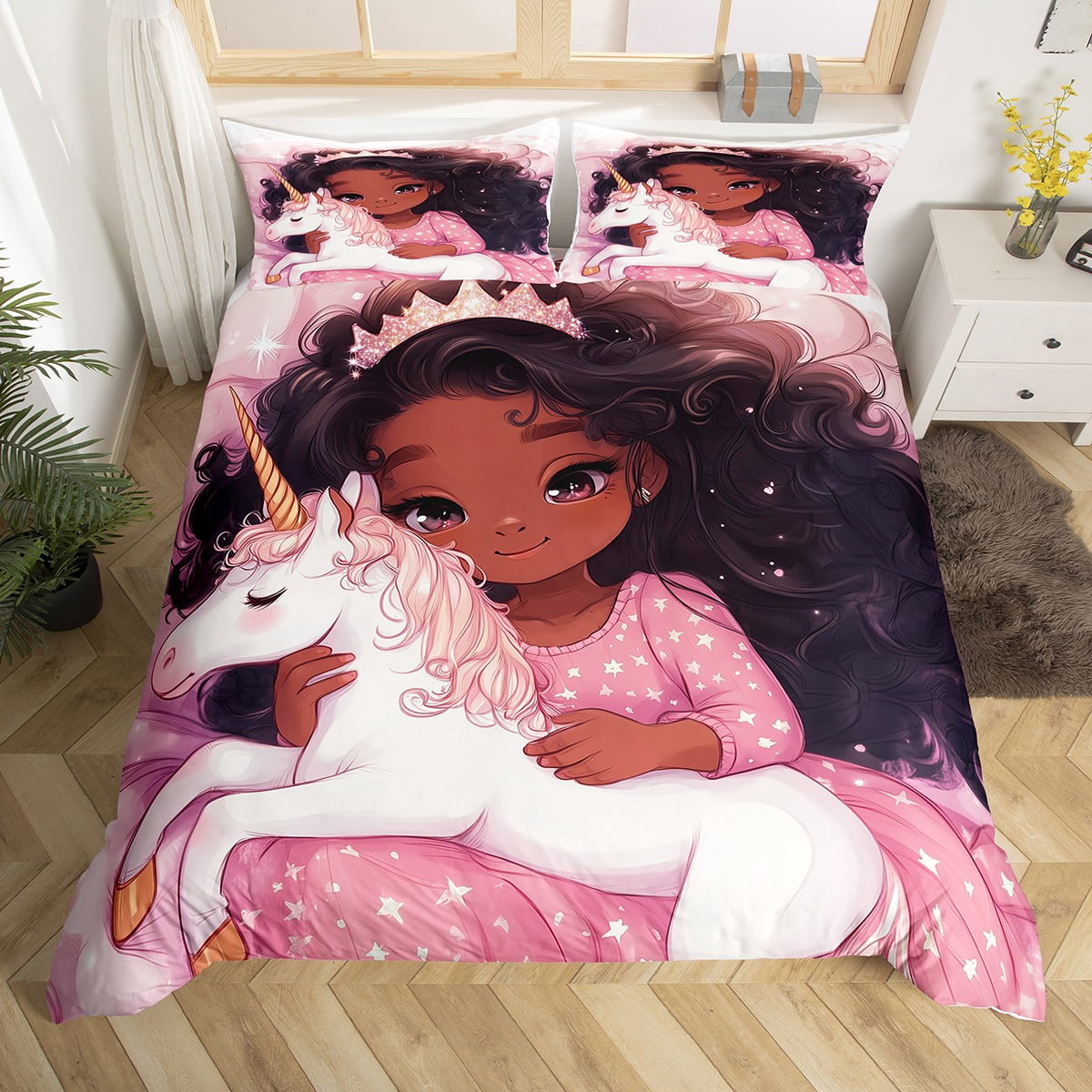 Black Duvet Cover White Unicorn Kawaii Comforter Cover Pink Princess ...