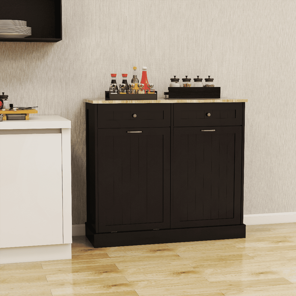 Black E1 MDF Kitchen Trash Cabinet with 2 Drawers & Tilt-Out ...
