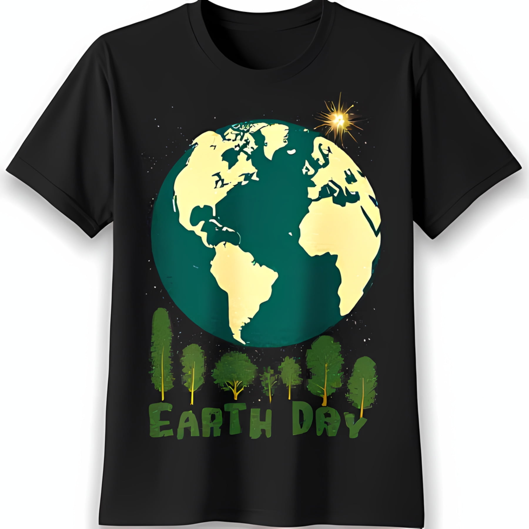 Black Earth Day T-Shirt with Green and Gold Earth Graphic & Sun Design ...