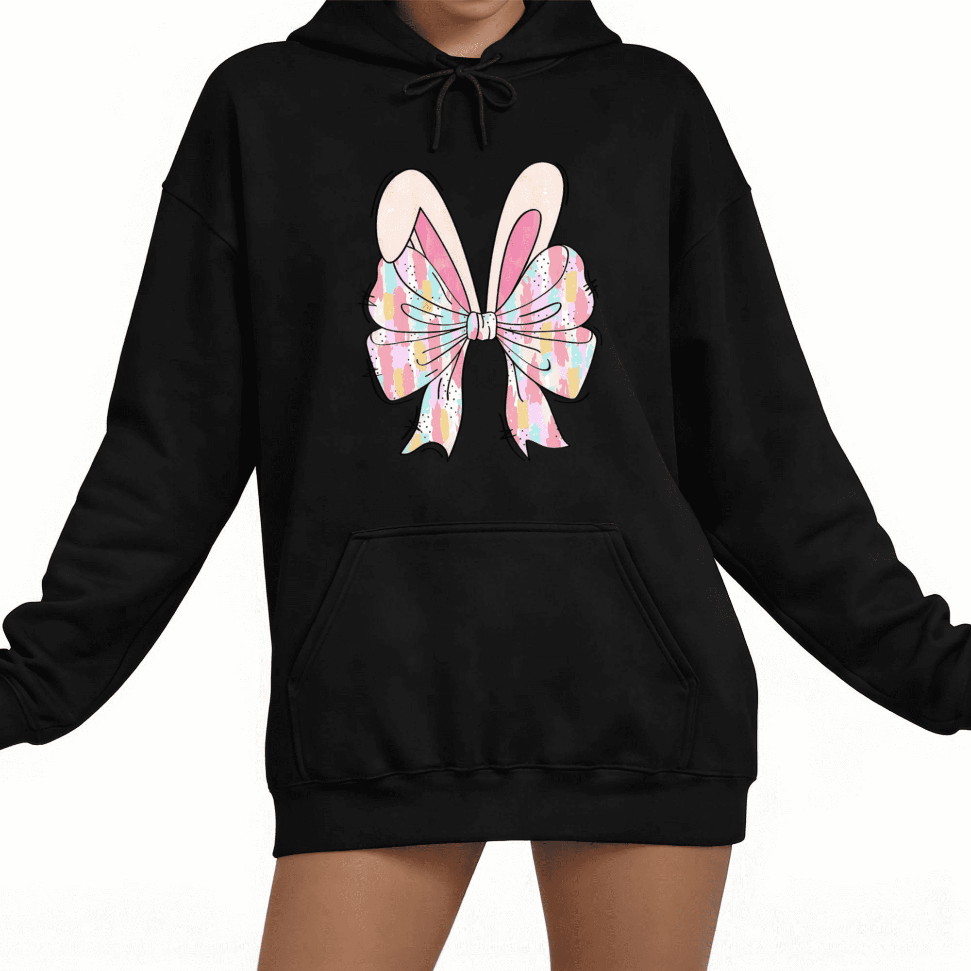 Black Easter Bunny Bow Print Hoodie Graphic Sweatshirt Spring Holiday ...