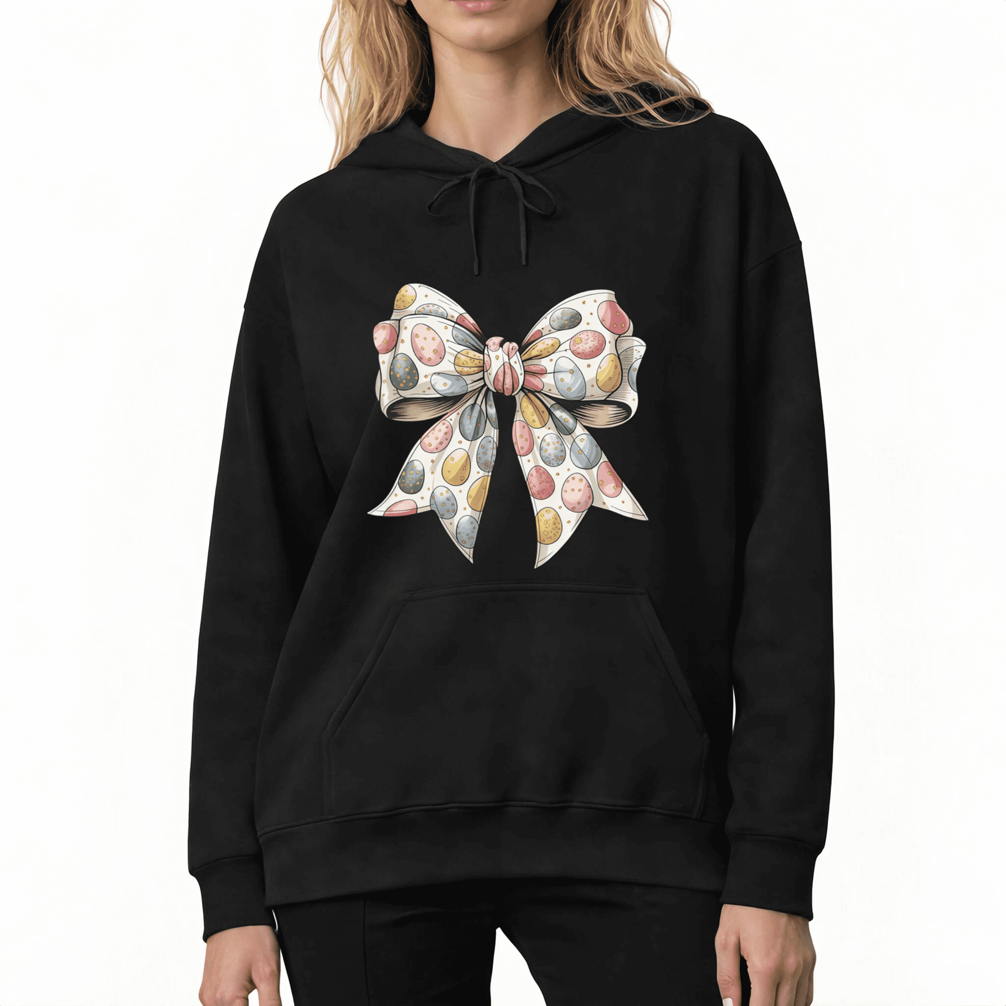 Black Easter Eggs Bow Print Hoodie Cute Pastel Easter Eggs Coquette Bow ...