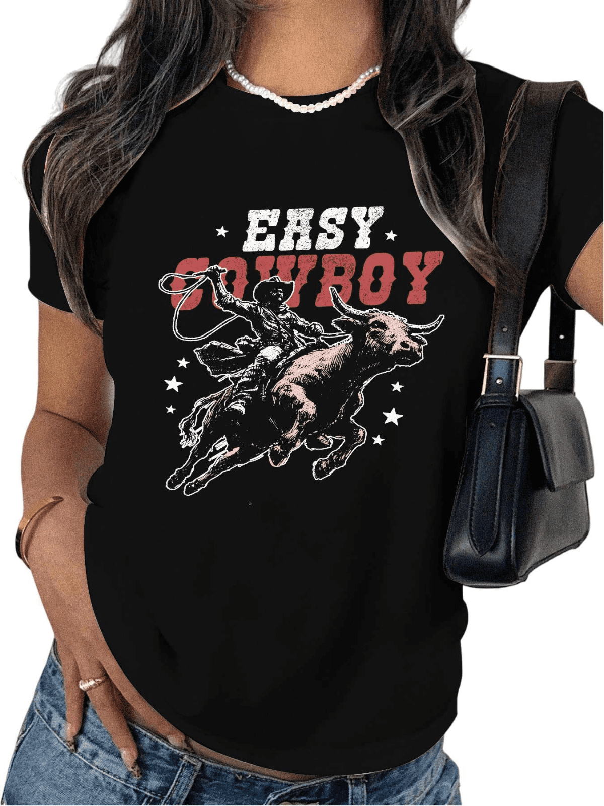 Black Easy Cowboy Bull Riding Print Tshirt Graphic Tees Shirts Rodeo ...