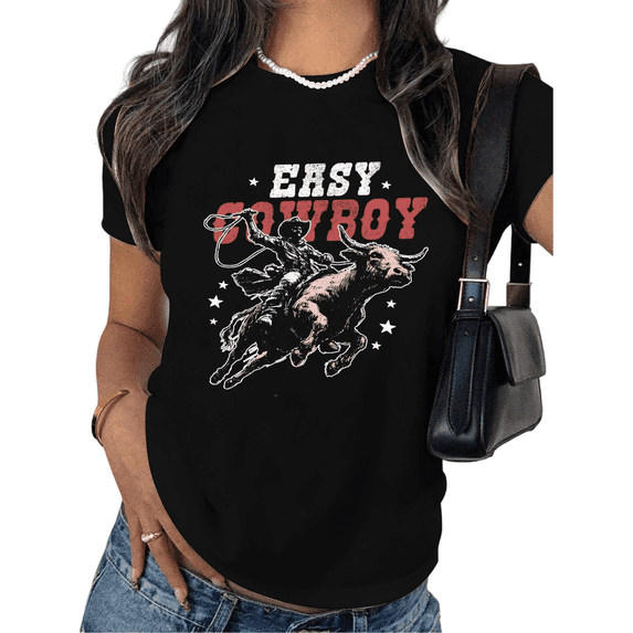 Black Easy Cowboy Graphic Tees Print Tshirt Casual Shirts For Women ...