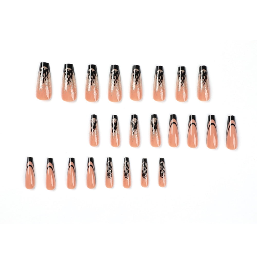 Black Edge Artificial Nails French-Style Fake Nails with Flame Pattern ...
