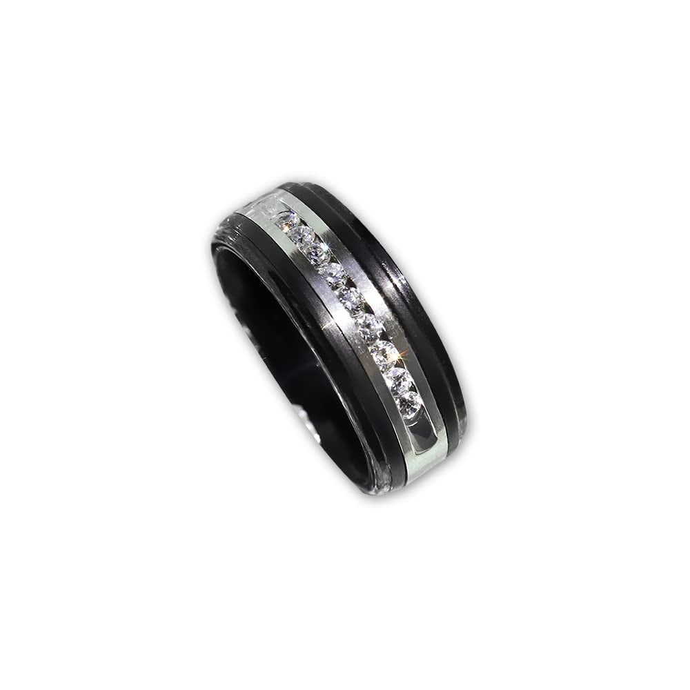 Black Edge Two tone Silver Wedding Ring, Raised Center Silver Steel ...
