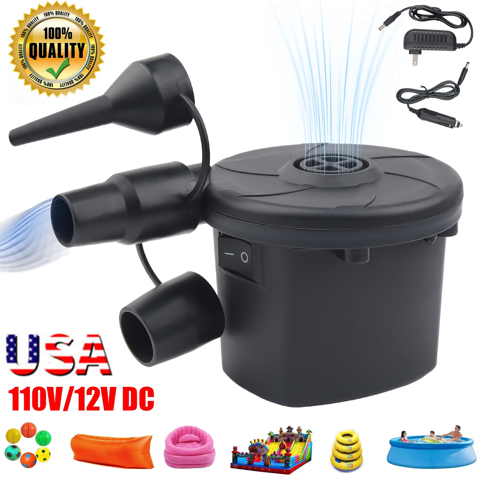 Black Electric Air Pump Inflator for Inflatables Air Mattress Raft Bed ...