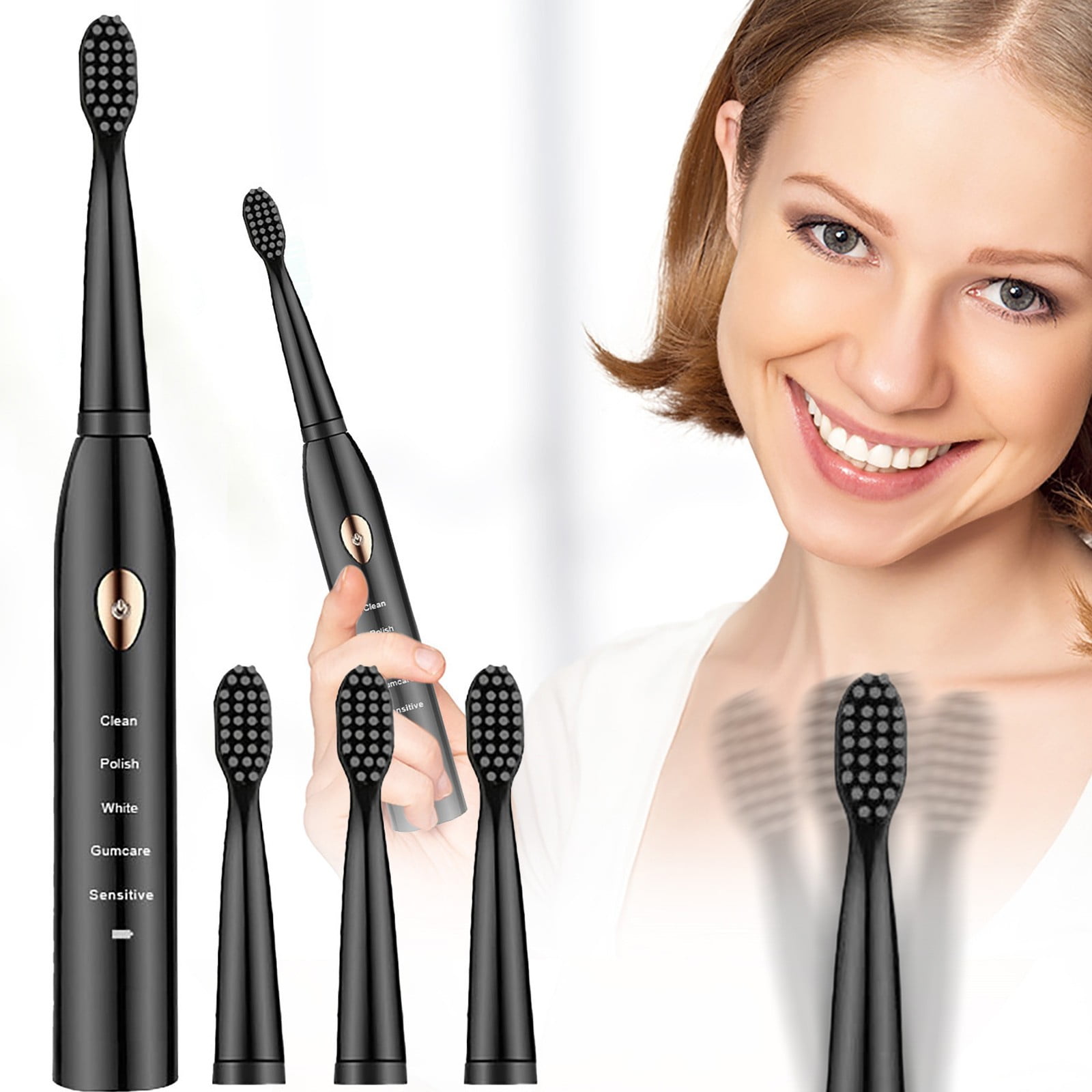 Black Electric toothbrush with 4 Brush Heads Set for Adult Kids ...