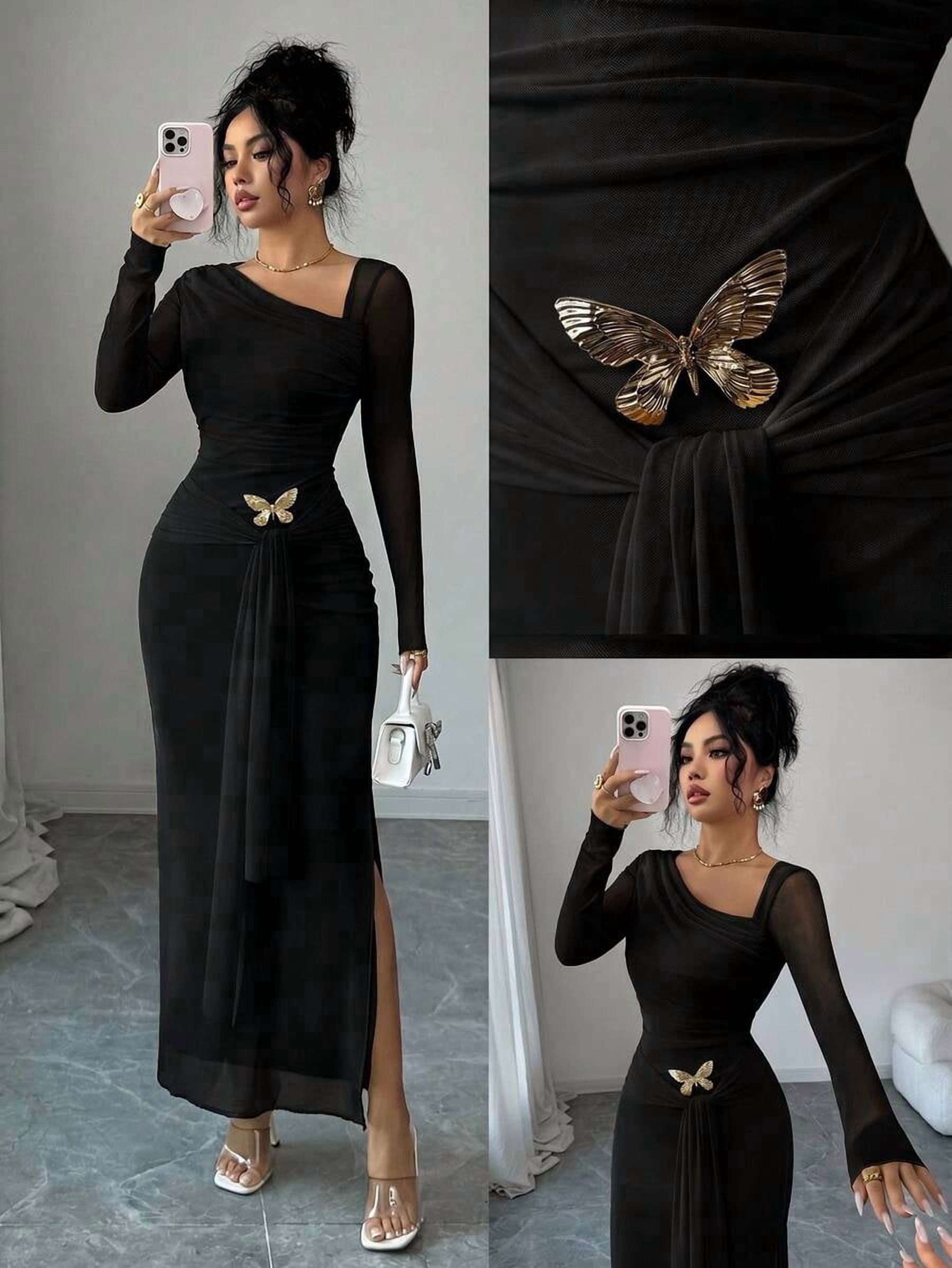 Black Elegant Asymmetric One-Shoulder Chiffon Long Sleeve Maxi Dress ...